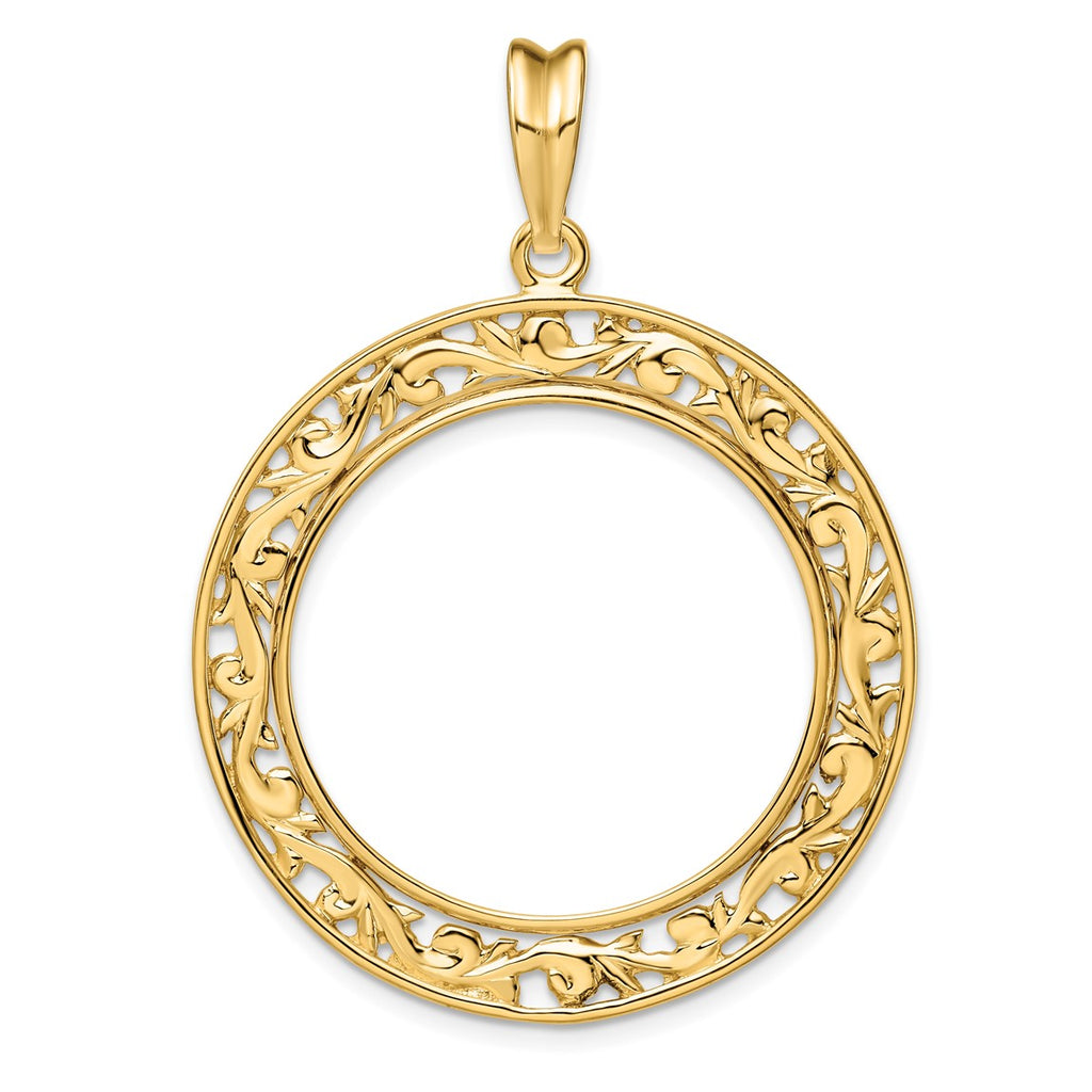 14k Yellow Gold Polished 27mm Curved Filigree Prong Coin Bezel Pendant ...