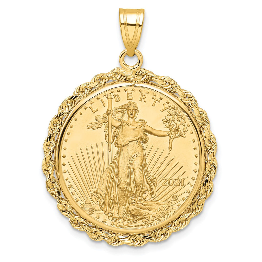 14k Yellow Gold Polished Rope Mounted 1/4oz American Eagle Prong Coin ...