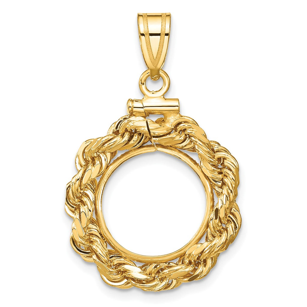14k Yellow Gold 4mm Rope 13mm Screw Top Coin Bezel Pendant - Fits 2 Pe ...
