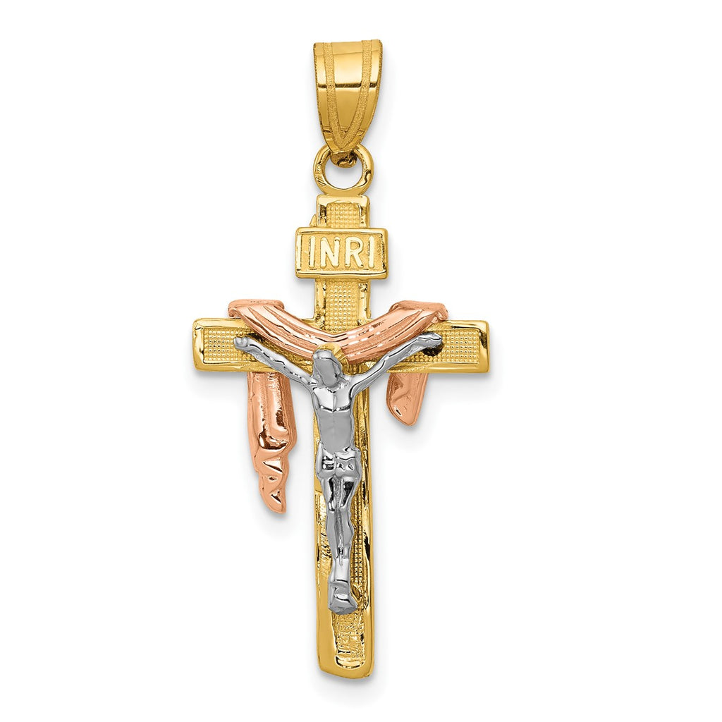 14k Yellow Gold Tri-Color Diamond-Cut Small Draped Inri Crucifix Penda ...