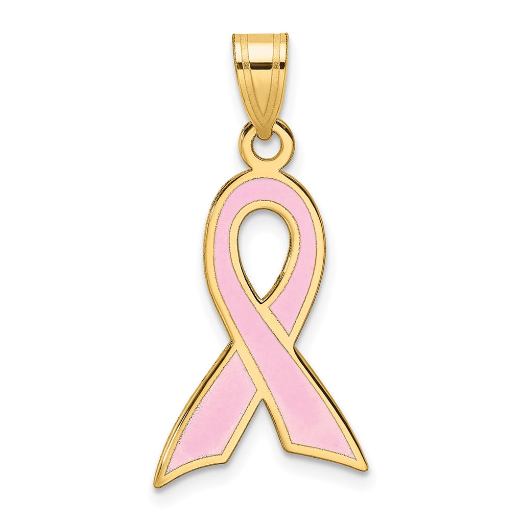 14k Yellow Gold Large Enameled Pink Awareness Ribbon Pendant – Wellness ...