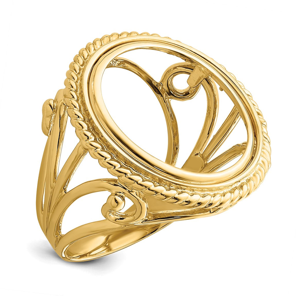 14k Yellow Gold Ladies Twisted Wire Filigree 17.8mm Prong Coin Bezel R ...