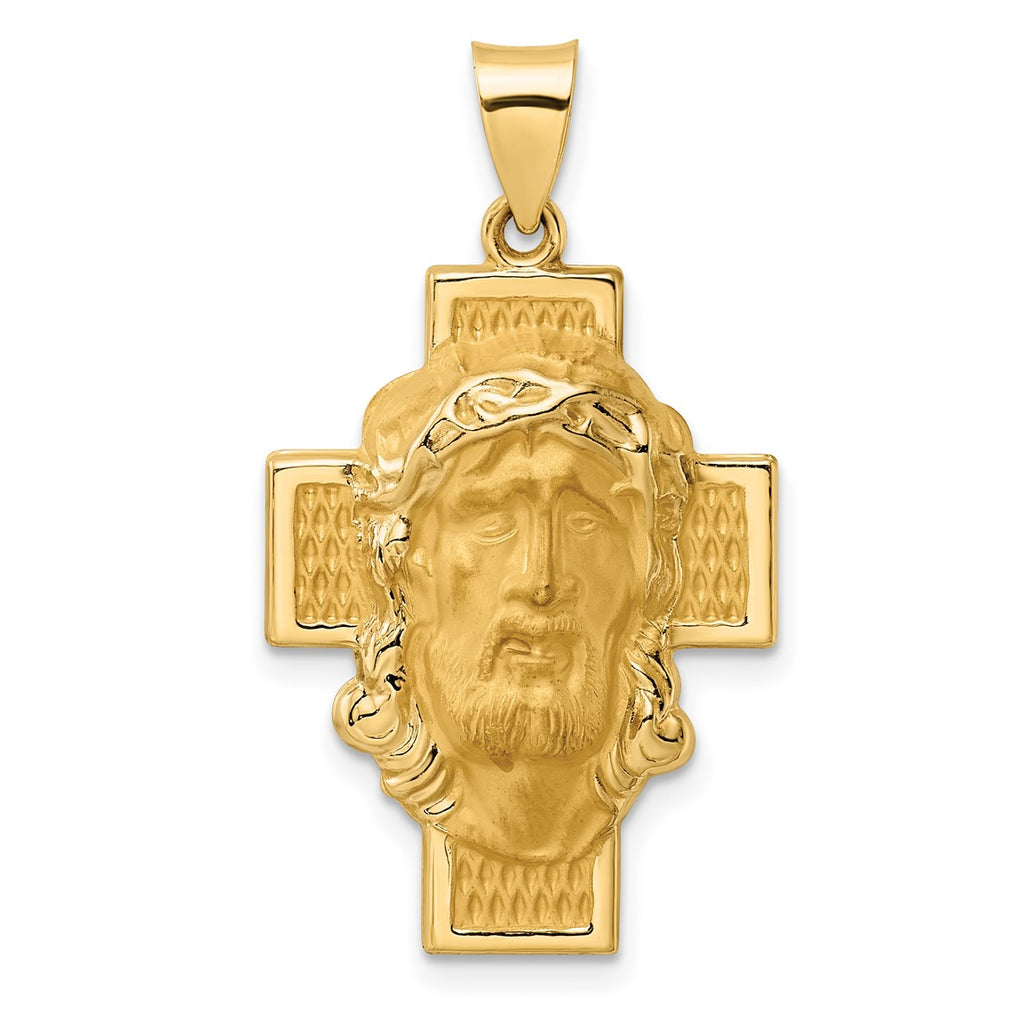 14k Yellow Gold Polished and Satin Hollow Jesus Face Cross Pendant ...